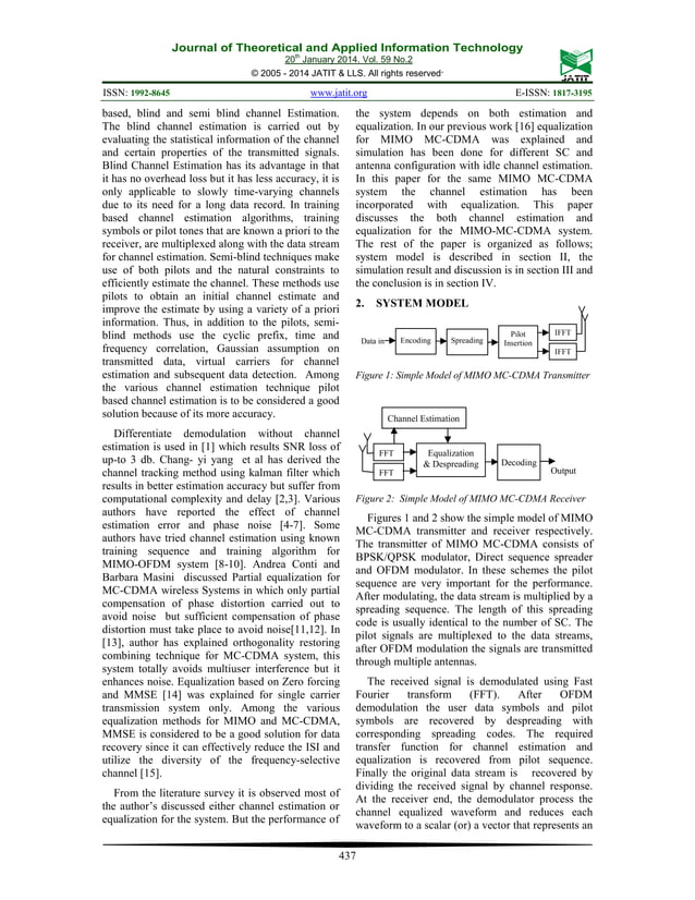 PERFORMANCE OF MIMO MC-CDMA SYSTEM WITH CHANNEL ESTIMATION AND MMSE EQUALIZATION | PDF