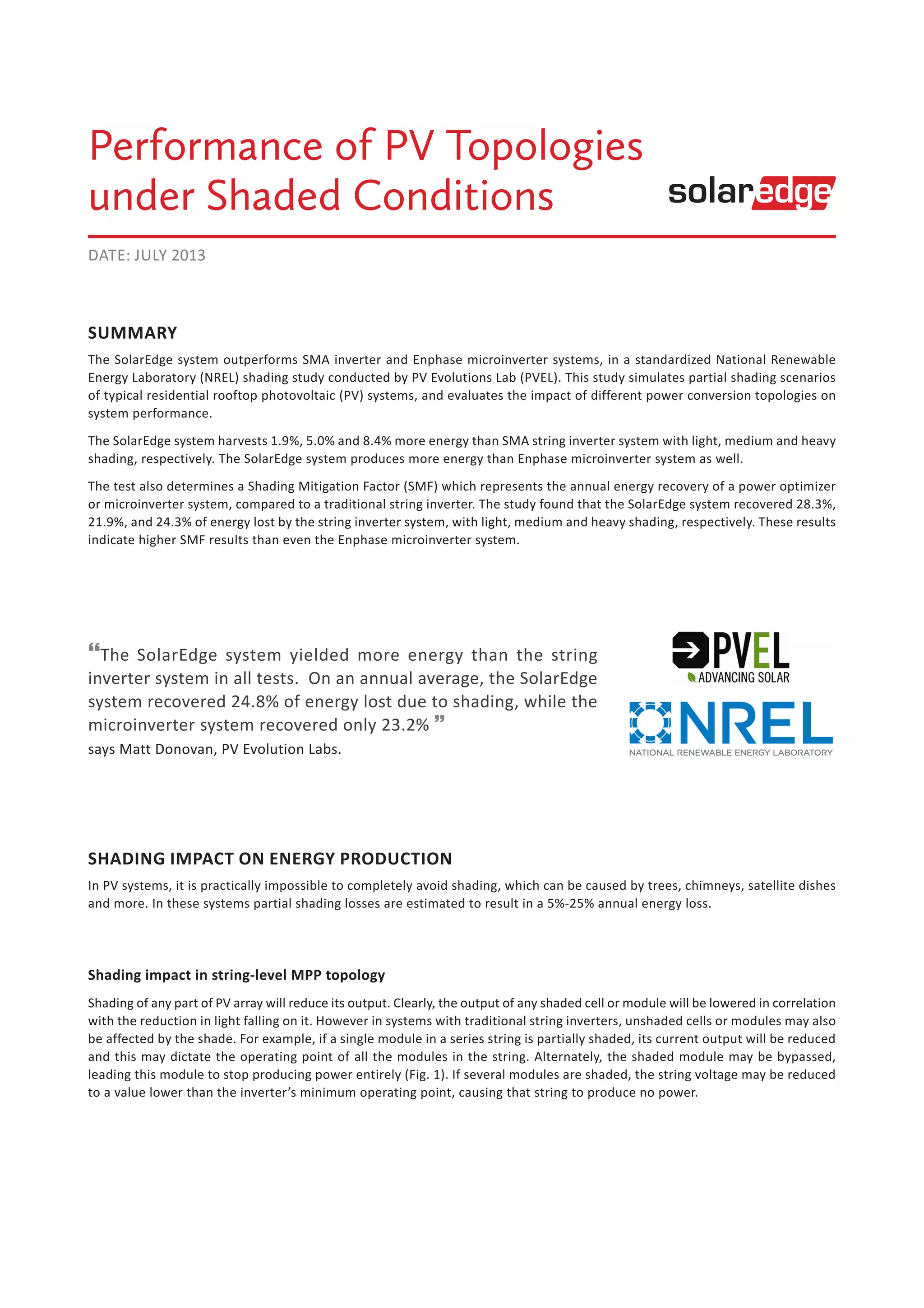 SolarEdge Performance of PV Topologies under Shaded Conditions - NREL ...