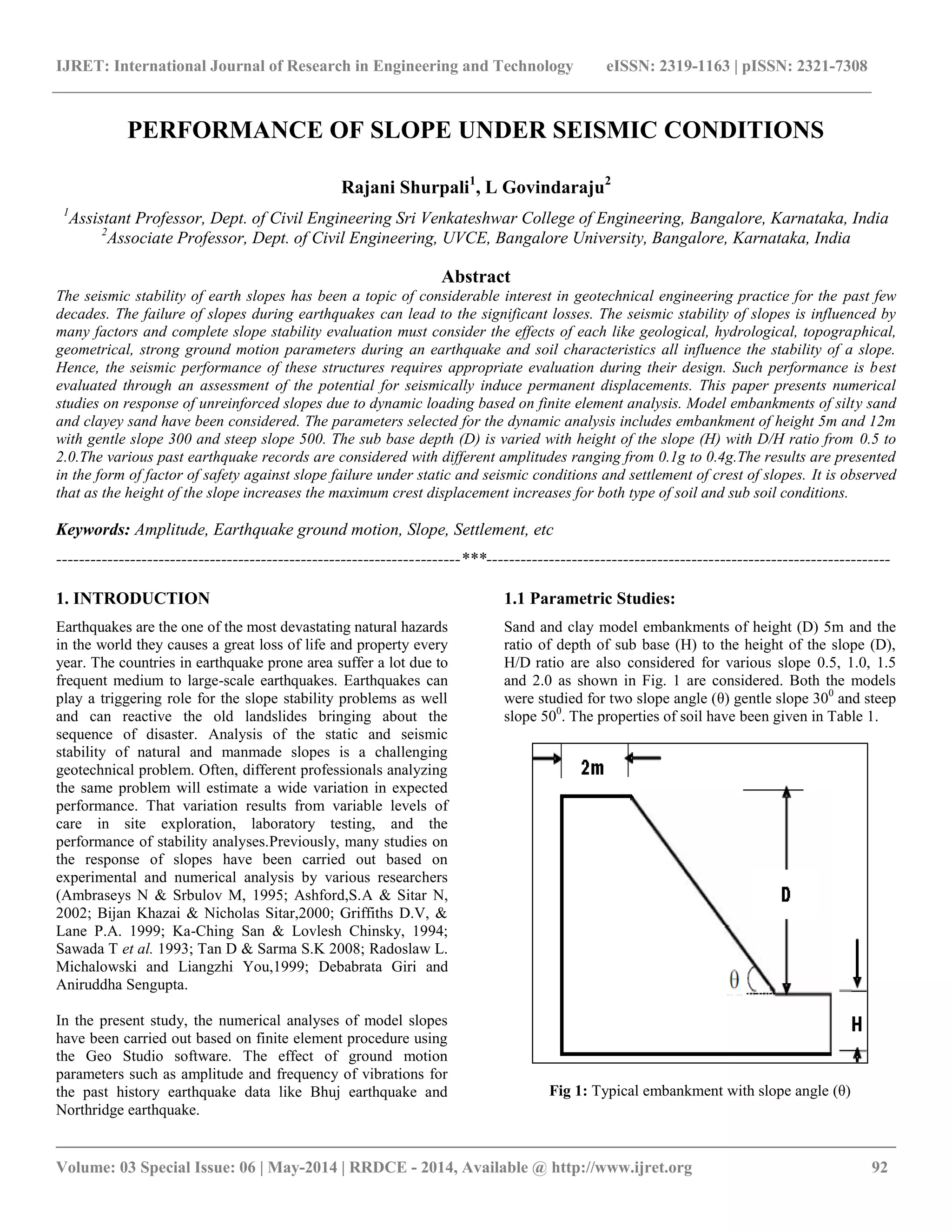 Performance of slope under seismic conditions | PDF