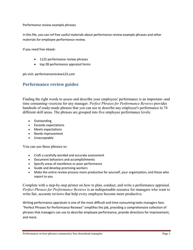 Performance review example phrases