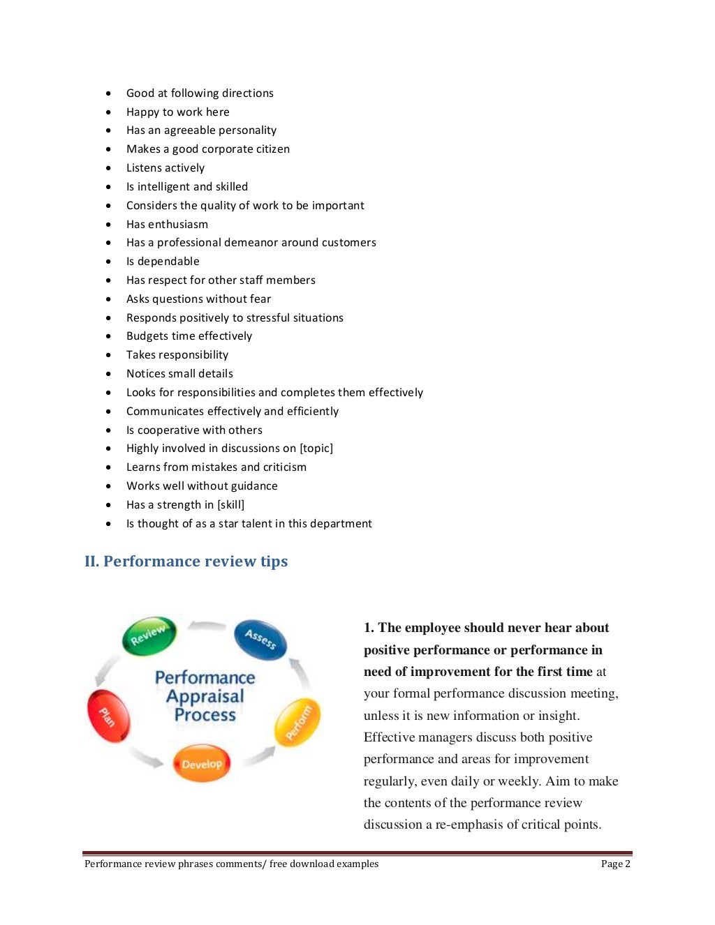 Performance review phrases examples