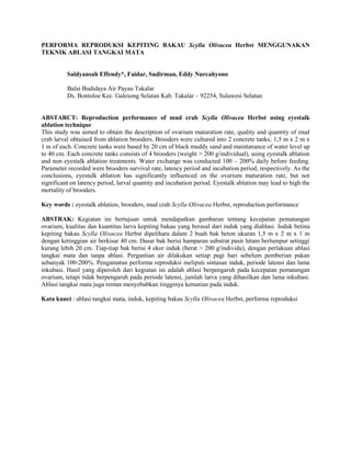 PERFORMA REPRODUKSI KEPITING BAKAU Scylla Olivacea Herbst MENGGUNAKAN TEKNIK ABLASI (BBAP ...