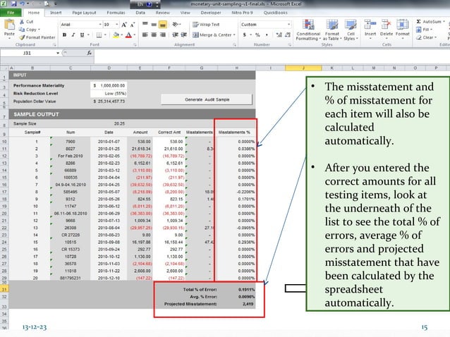 Perform audit testing in excel: Monetary Unit Sampling Method | PPT