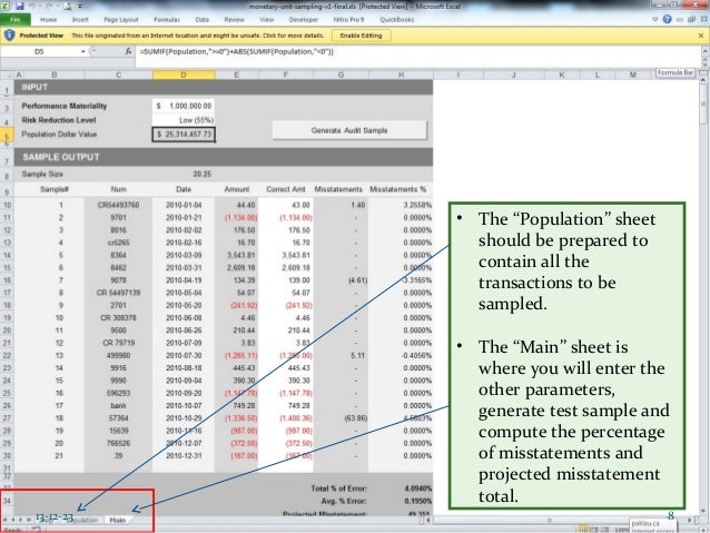 Perform audit testing in excel: Monetary Unit Sampling Method Perform audit testing in excel: Monetary Unit Sampling Method
