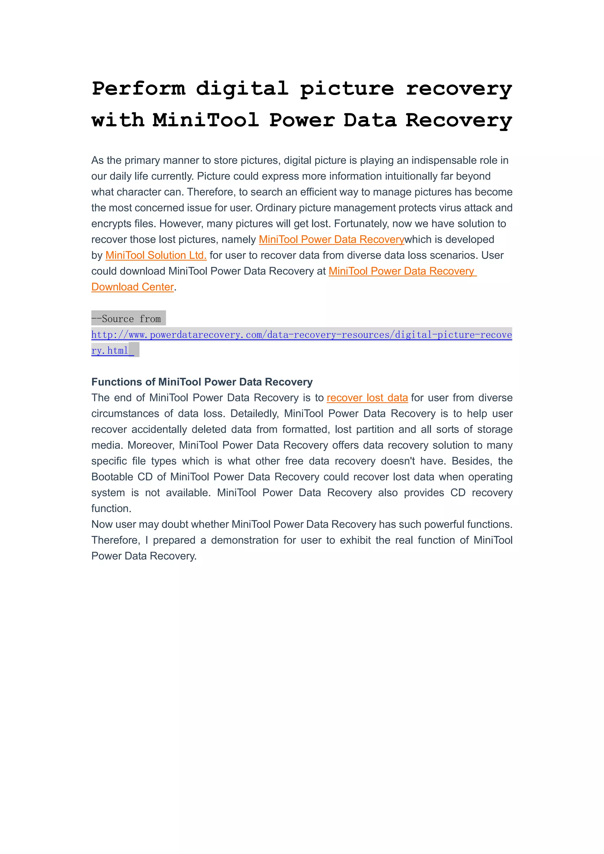 Perform digital picture recovery with mini tool power data recovery | PDF