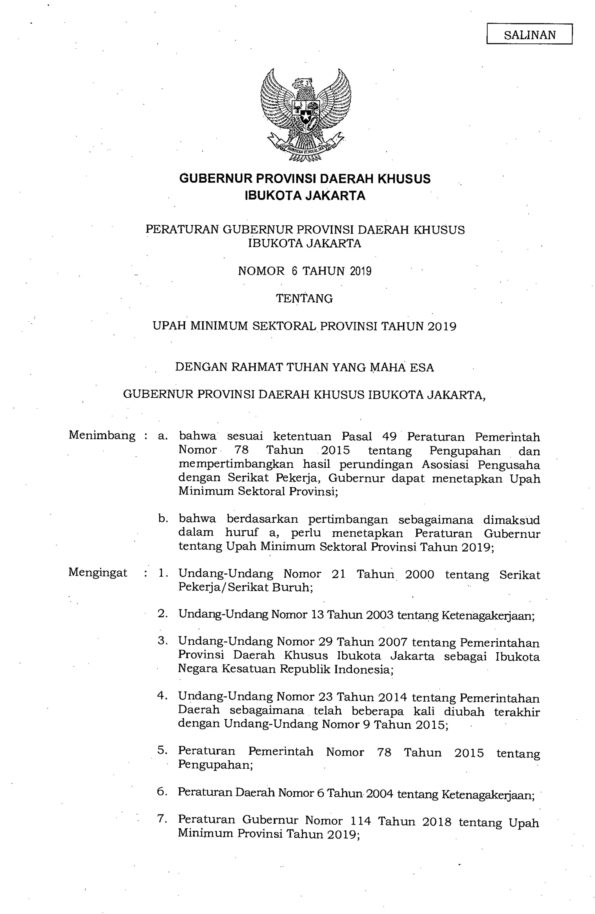 Peraturan Gubernur Nomor 6 Tahun 2019 Tentang UMSP | PDF