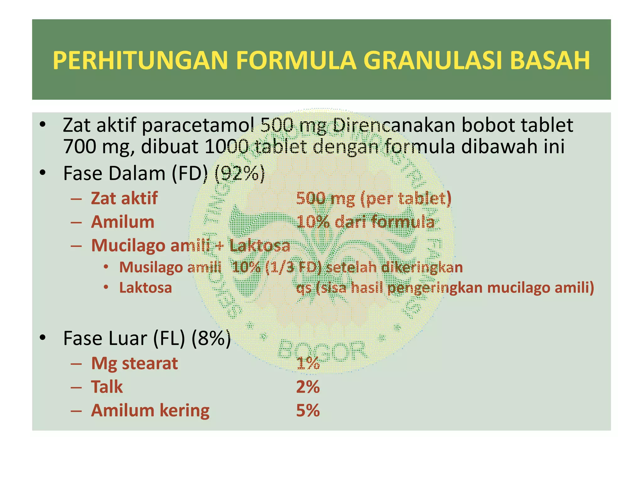 PERHITUNGAN FORMULASI GRANULASI BASAH DAN KERING | PDF