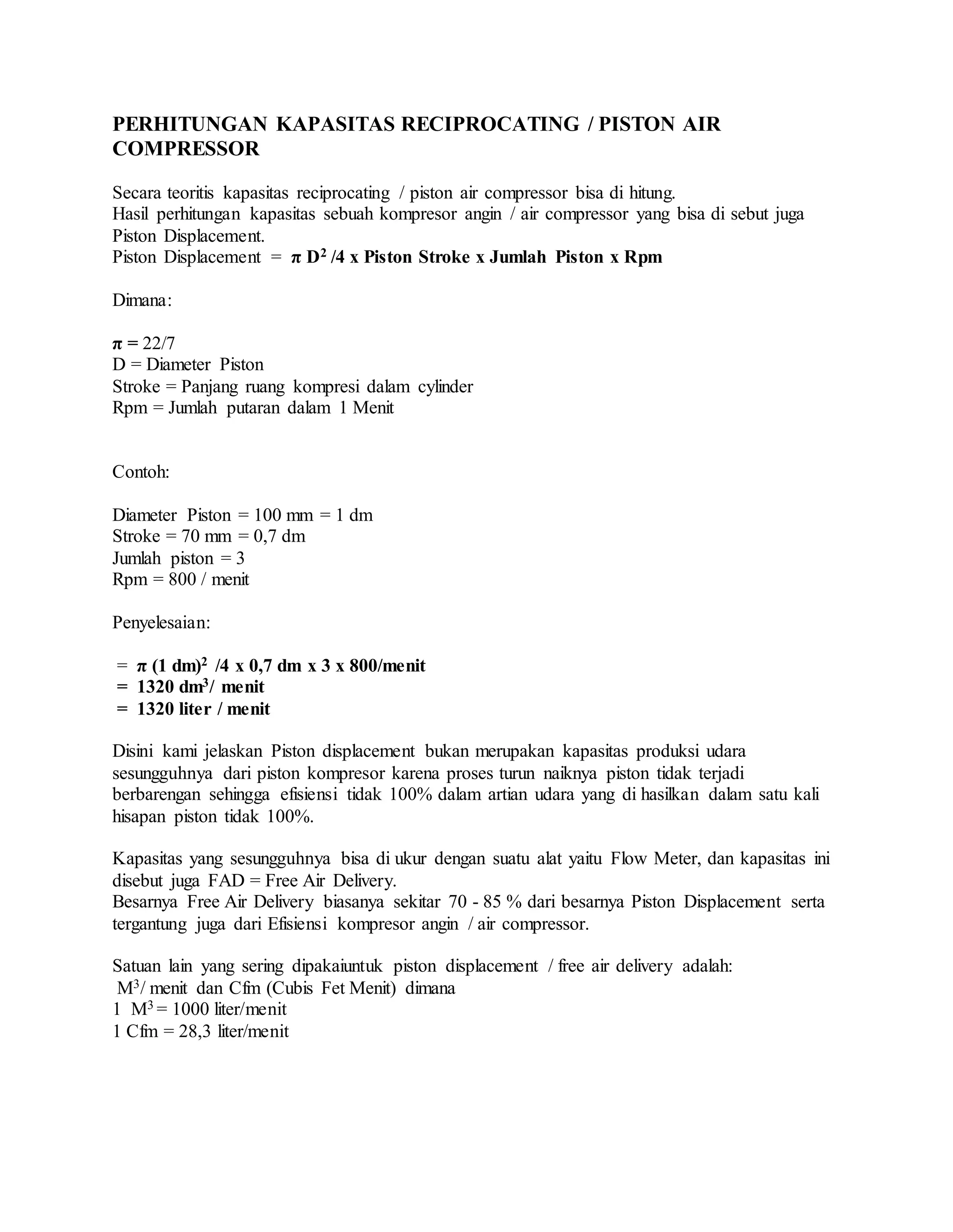 Perhitungan kapasitas reciprocating (compressor piston) | DOCX