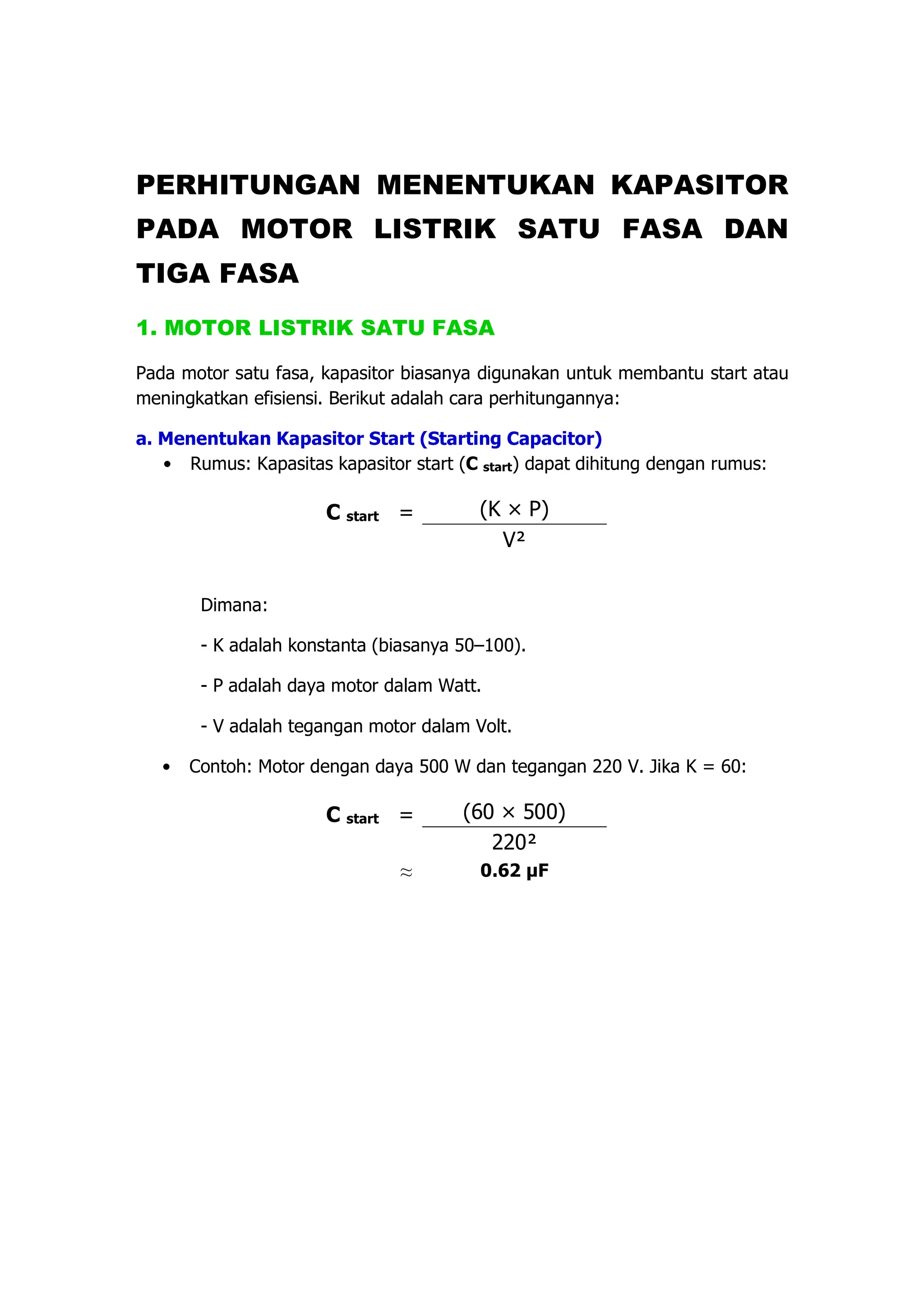 PERHITUNGAN MENENTUKAN KAPASITOR PADA MOTOR LISTRIK SATU FASA DAN TIGA ...