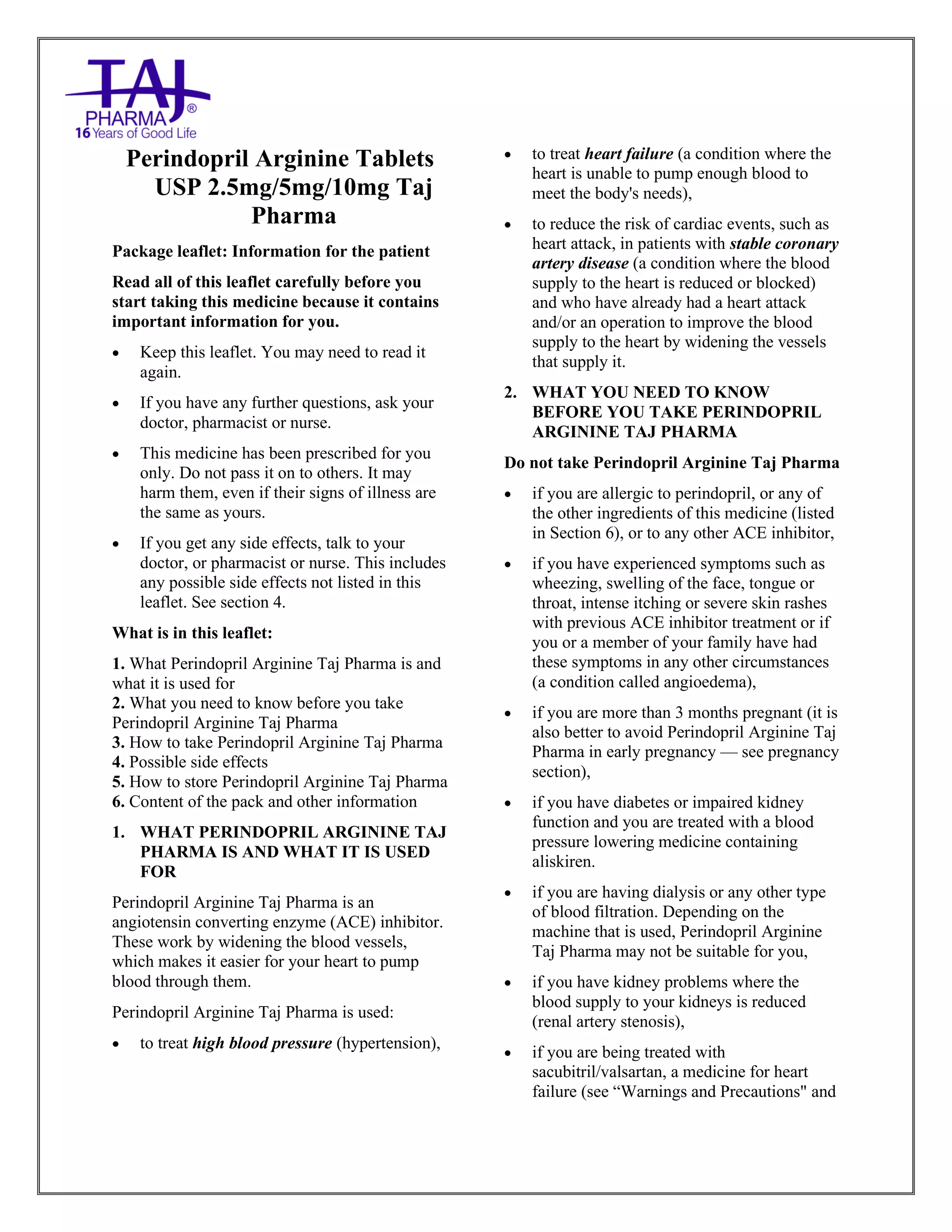 Perindopril Arginine Tablets USP Taj Pharma PIL | PDF