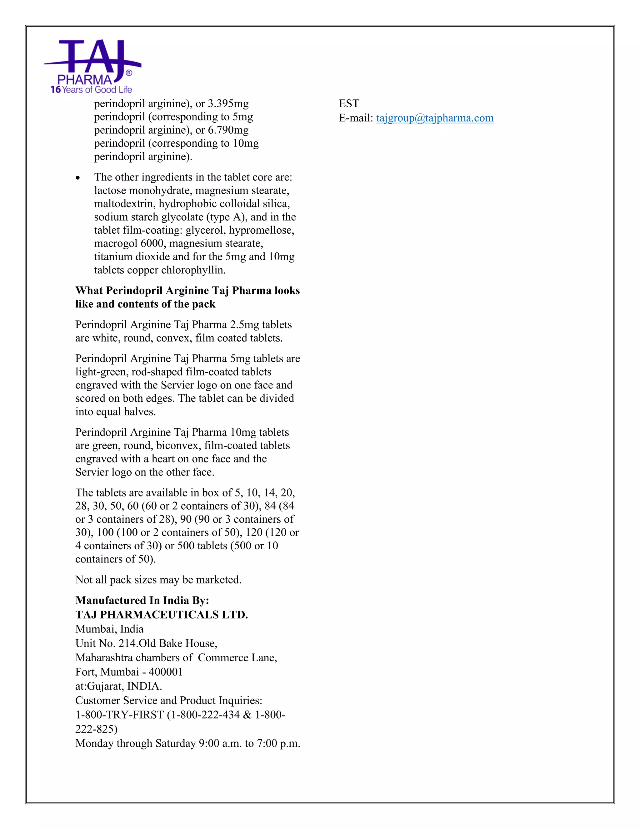 Perindopril Arginine Tablets USP Taj Pharma PIL | PDF