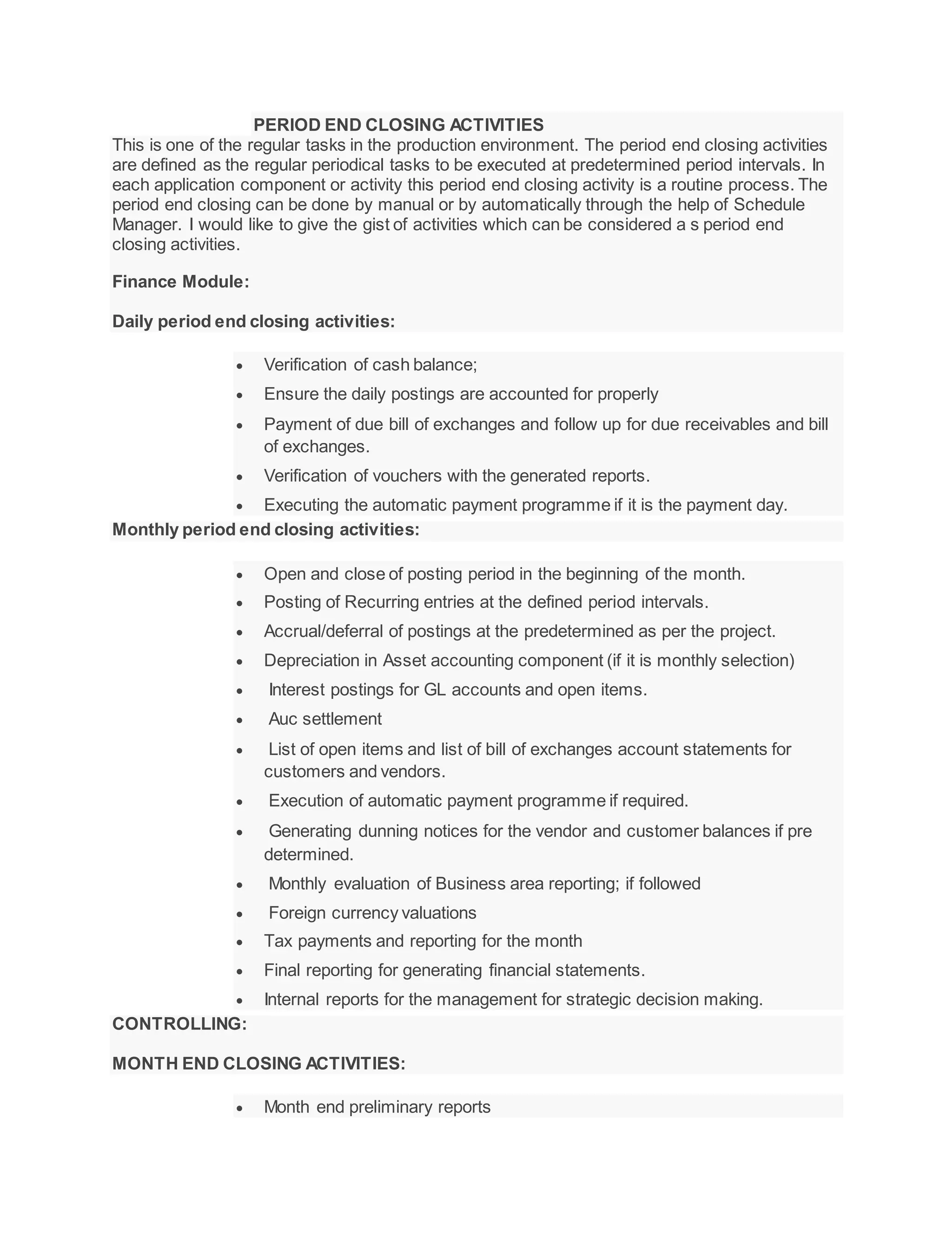 Period end closing activites in sap fico | DOCX