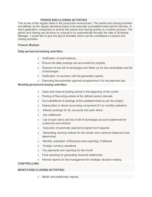 Period end closing activites in sap fico | DOCX