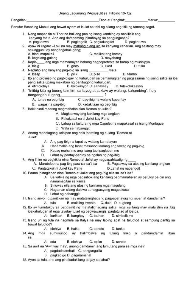 IKALAWANG MARKAHANG PAGSUSULIT in Filipino 10 .docx