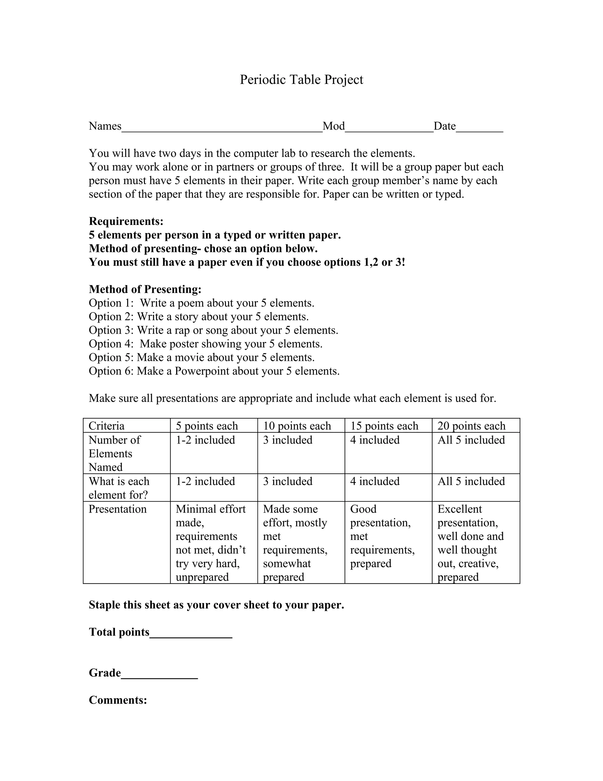 Periodic Table Project | DOC | Chemistry | Science