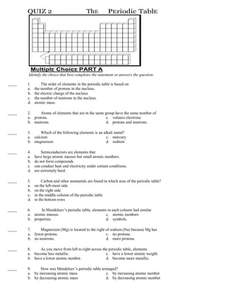 periodic table quiz 2 PART A B C.pdf | Chemistry | Science