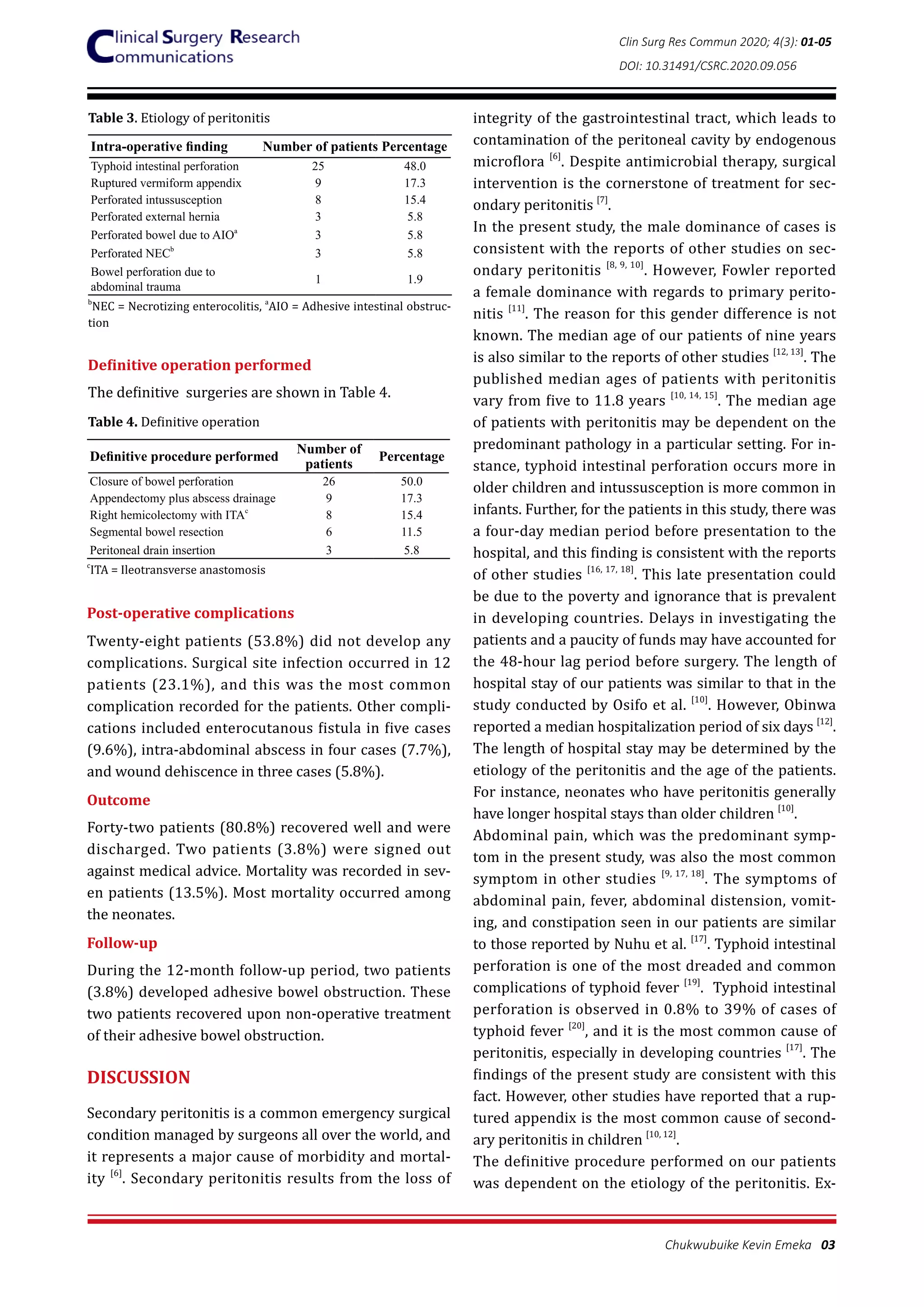Peritonitis in children experience in a tertiary hospital in enugu, nigeria | PDF