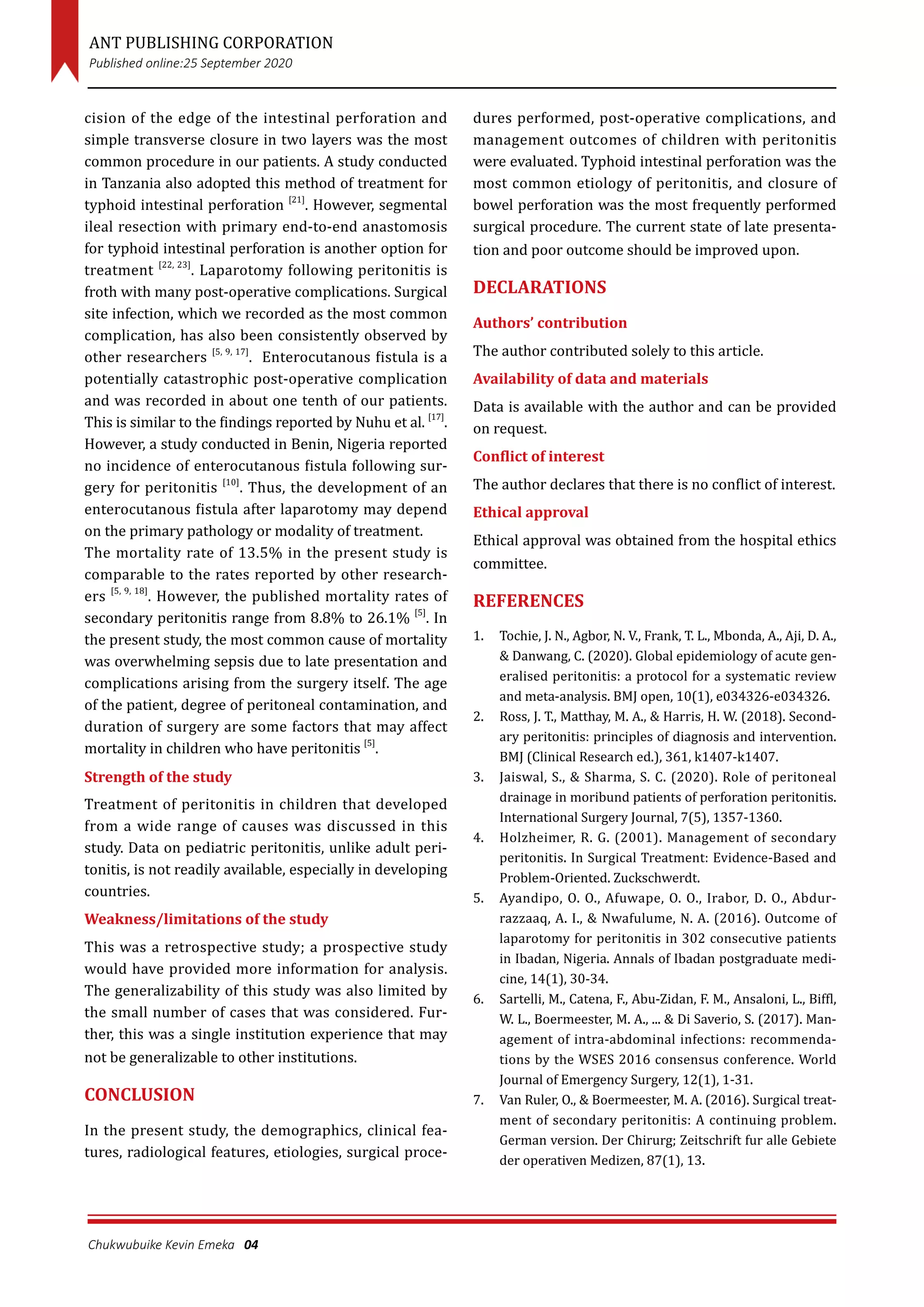 Peritonitis in children experience in a tertiary hospital in enugu ...