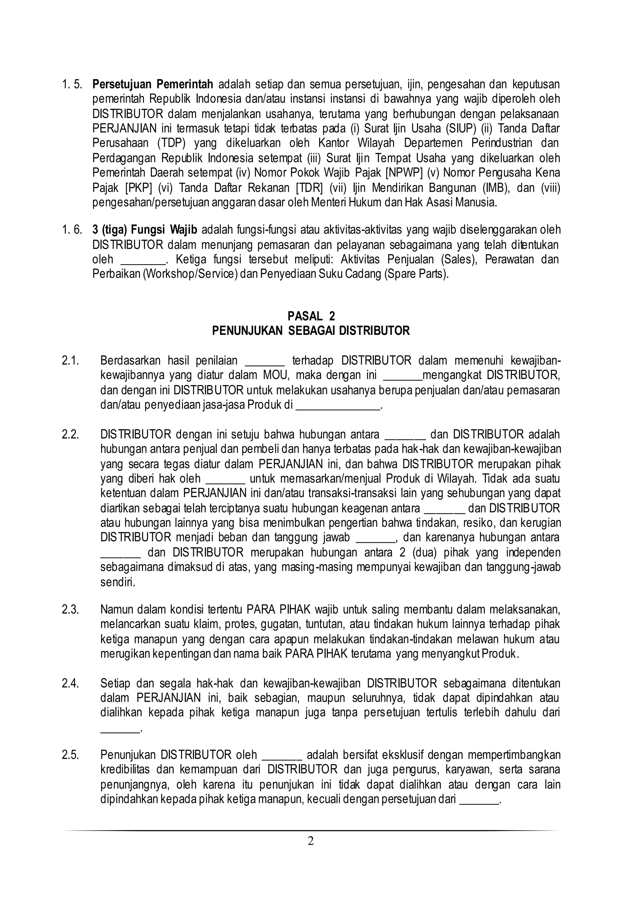 Perjanjian distributorship clean draft | DOCX