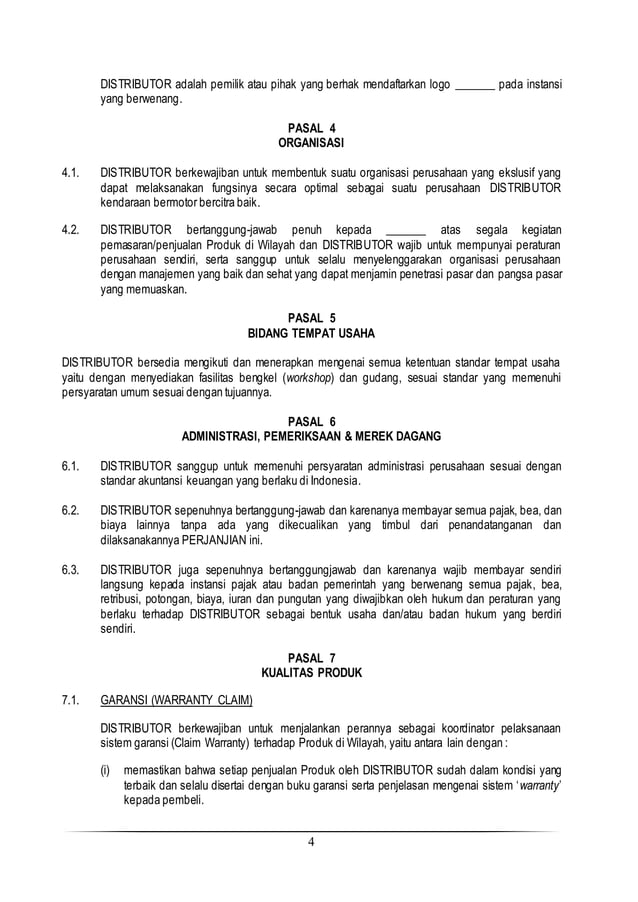 Perjanjian distributorship clean draft | DOCX
