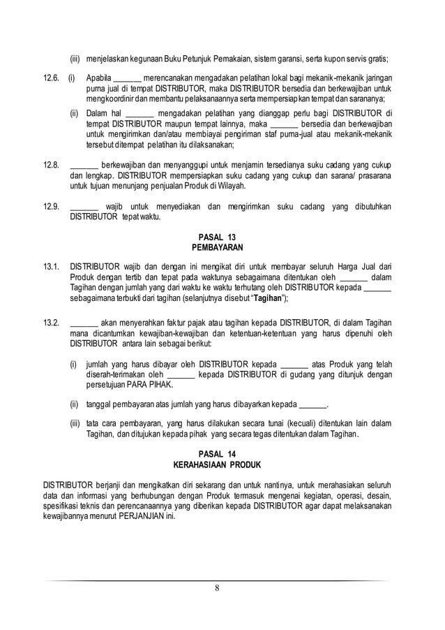 Perjanjian distributorship clean draft | DOCX