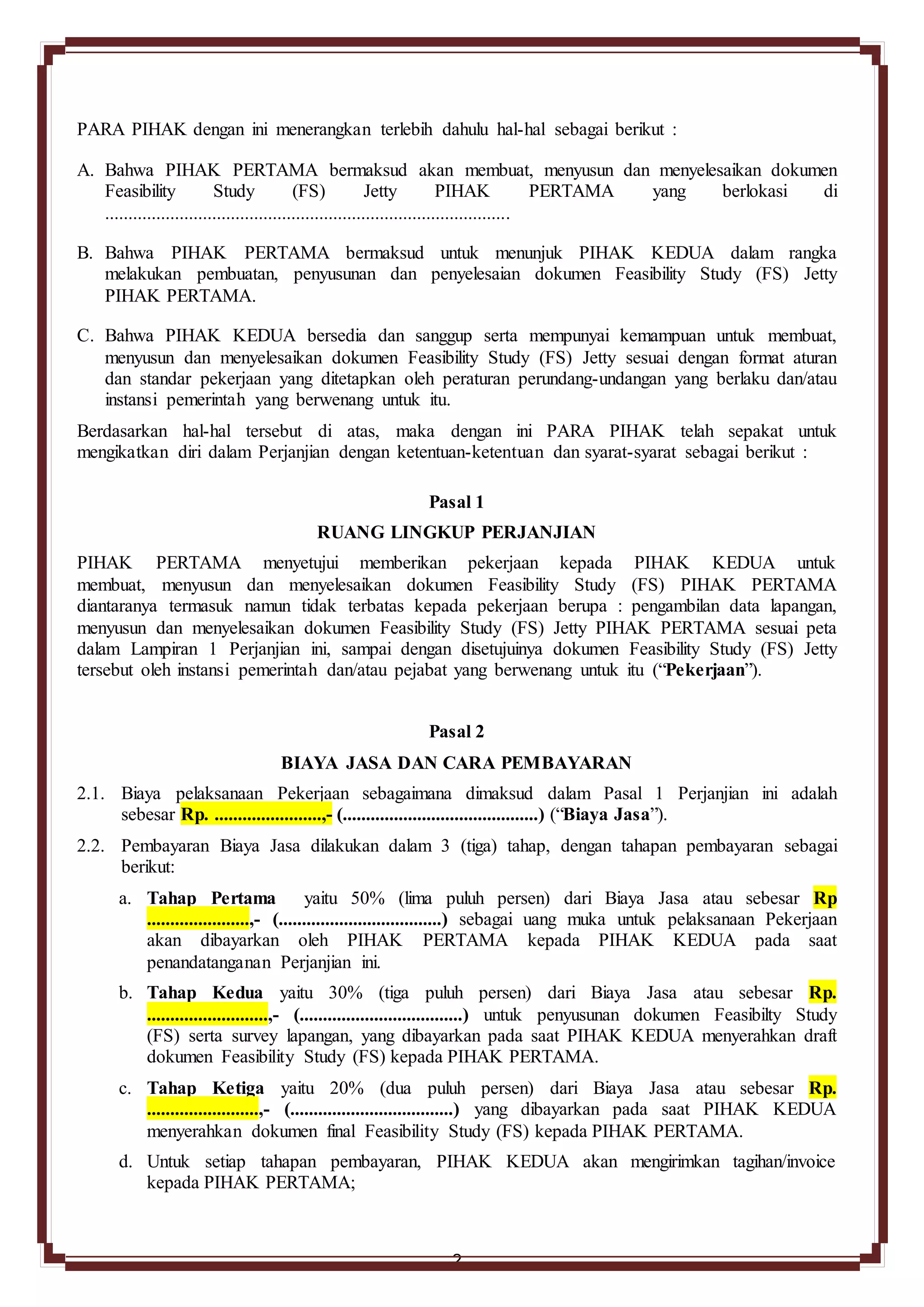 Contoh Perjanjian Feasibility Study Jetty Terbaru (Beli Kontrak, Hub: 08118887270 (WA)) | DOCX