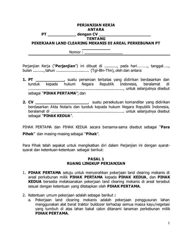 Contoh Perjanjian Kerja Land Clearing Terbaru (Beli Perjanjian, Hub ...