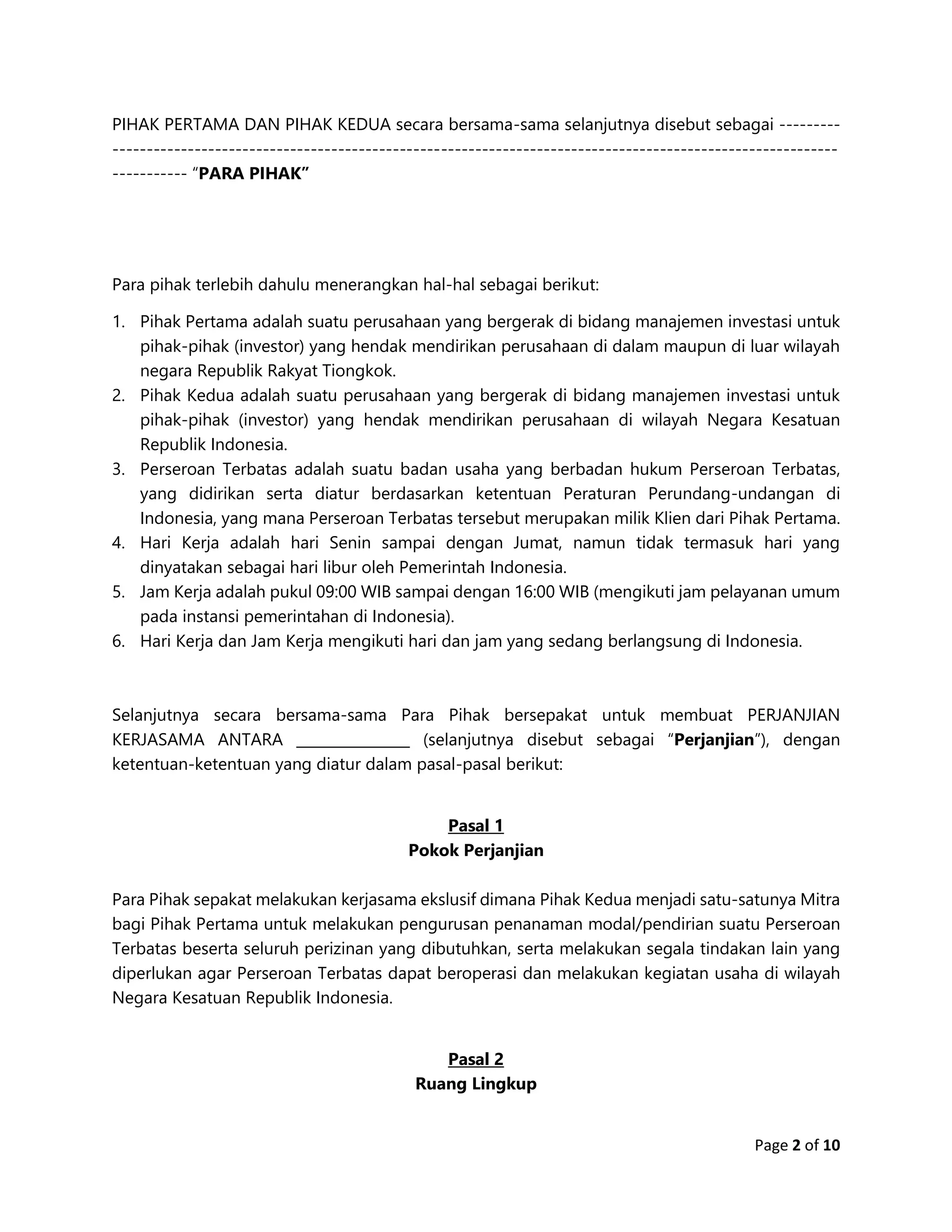 Perjanjian Kerjasama Ekslusif Penanaman Modal dan Pendirian PT.docx