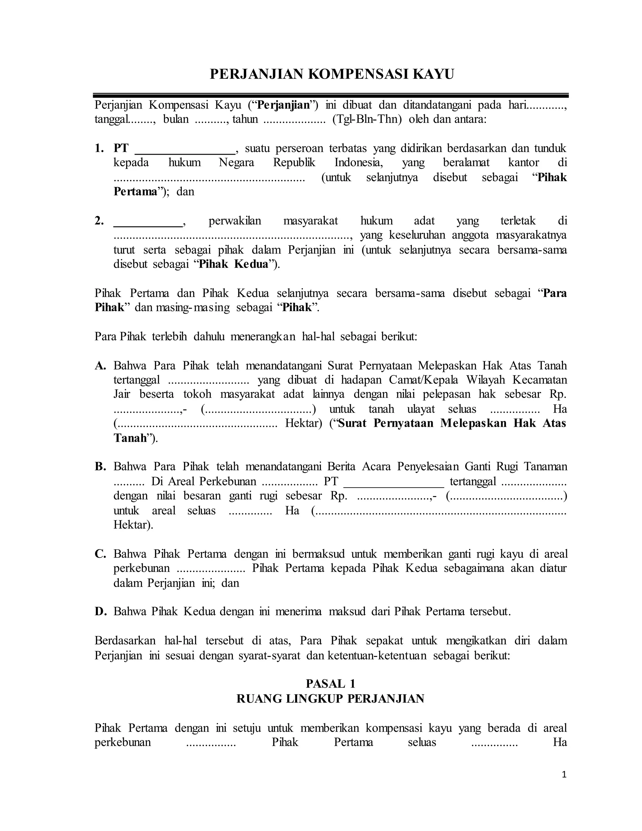 Contoh Perjanjian Kompensasi Kayu Terbaru (Beli Perjanjian, Hub: 08118887270 (WA)) | DOCX