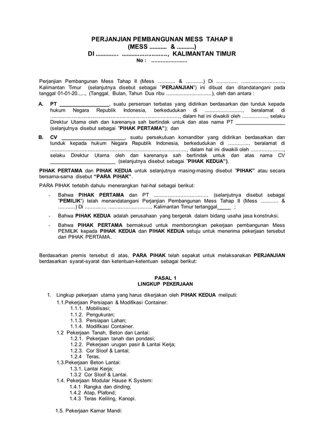 Contoh Perjanjian Pembangunan Mess Terbaru (Beli Perjanjian, Hub ...
