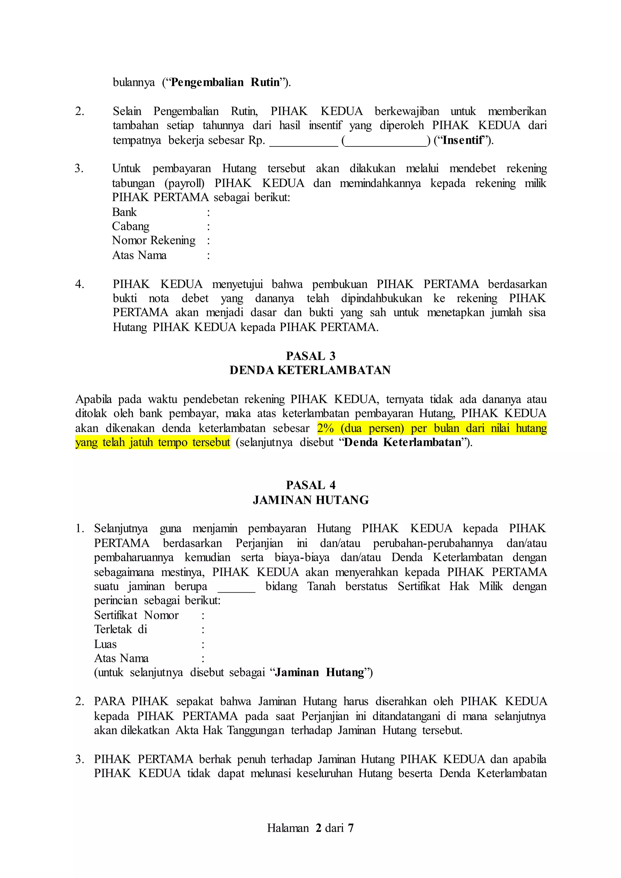 Perjanjian pemberian dan pengakuan hutang draft clean | DOCX