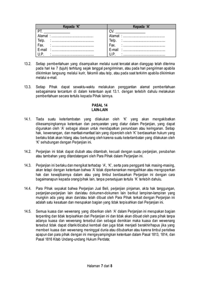 Perjanjian Pemberian Fasilitas Kredit dan Pengakuan Hutang (Beli Perjanjian, Hub: 08118887270 ...