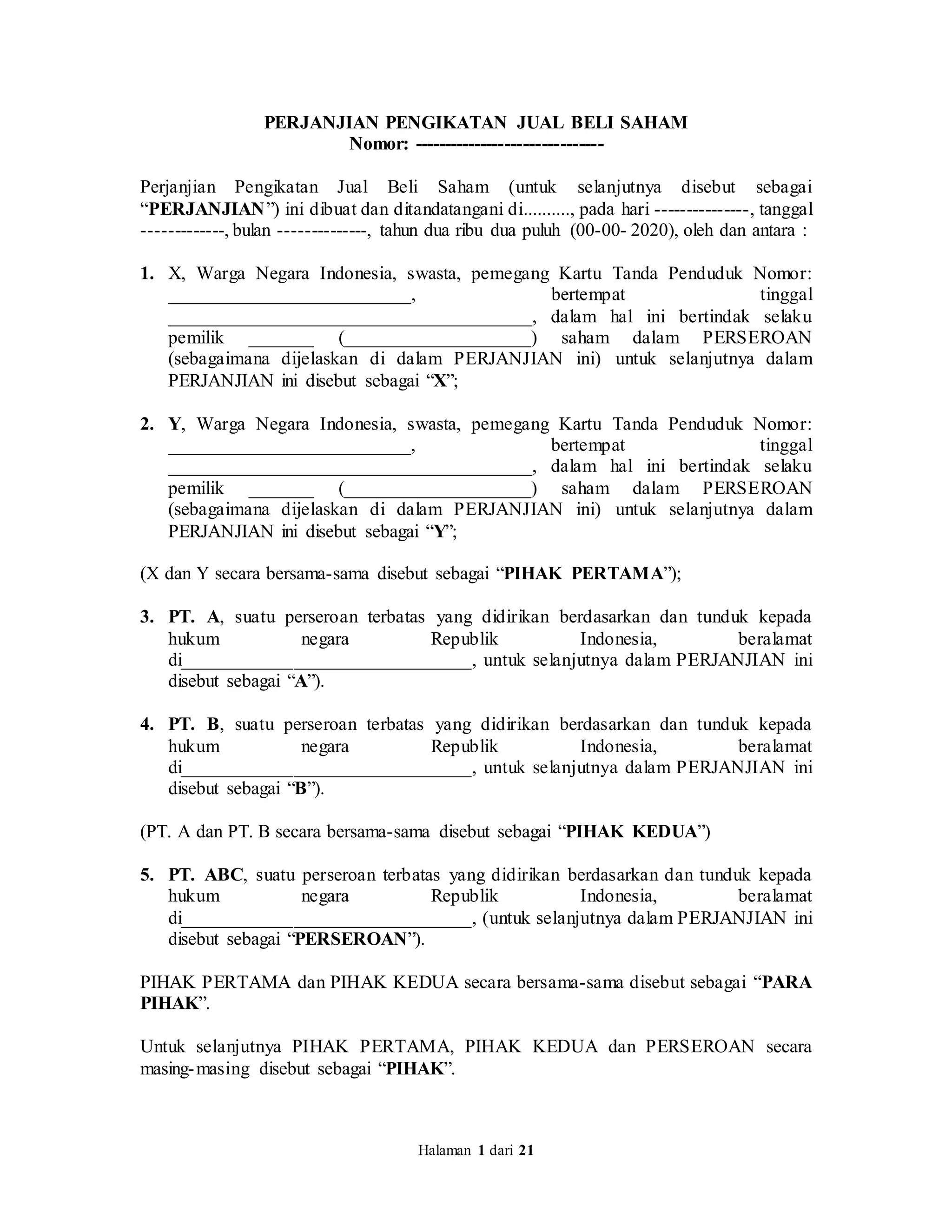 Contoh Perjanjian Pengikatan Jual Beli Saham Terbaru (Beli Perjanjian ...