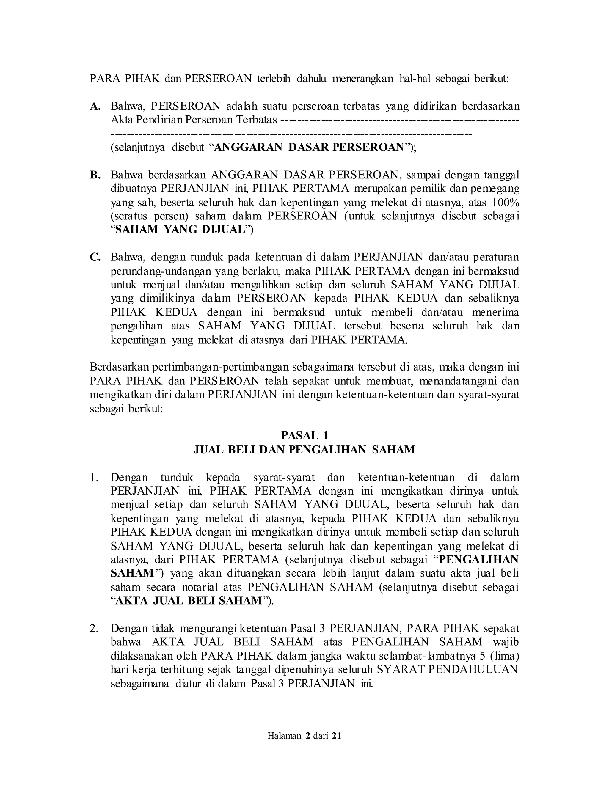 Contoh Perjanjian Pengikatan Jual Beli Saham Terbaru (Beli Perjanjian ...