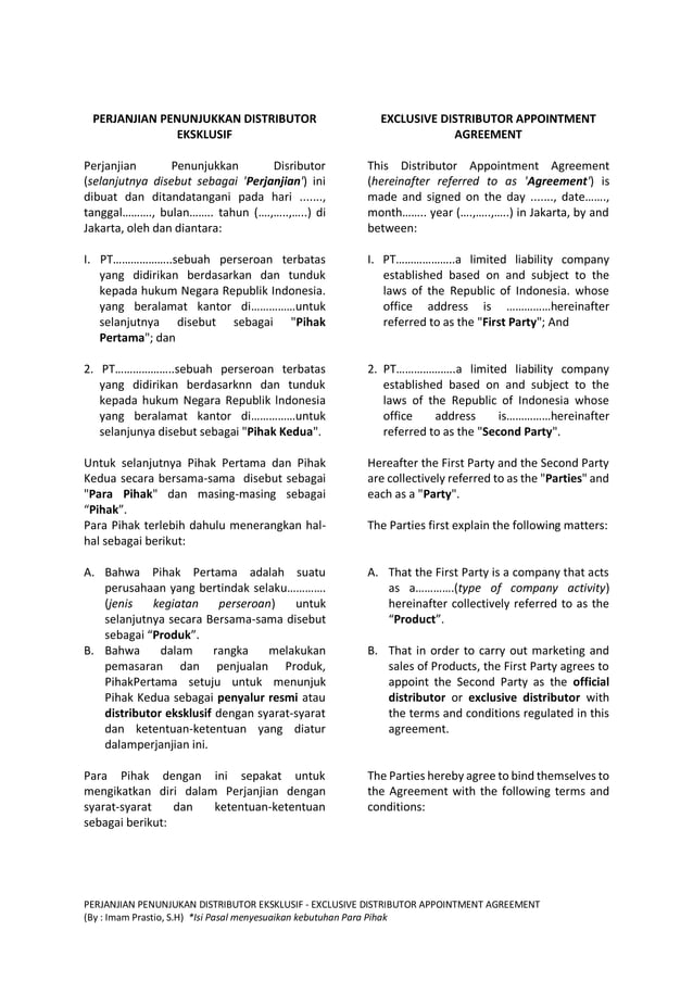 Perjanjian Penunjukan Distributor Eksklusif- Bilingual | PDF