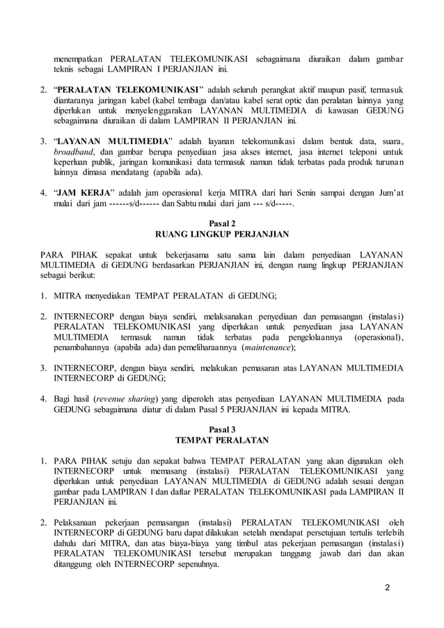 Contoh Perjanjian Penyediaan Jaringan dan Jasa Telekomunikasi Terbaru ...
