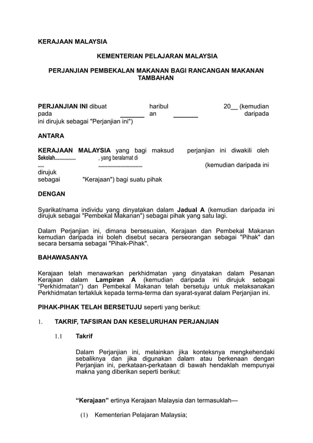 Contoh Perjanjian RMT sekolah rendah | RTF