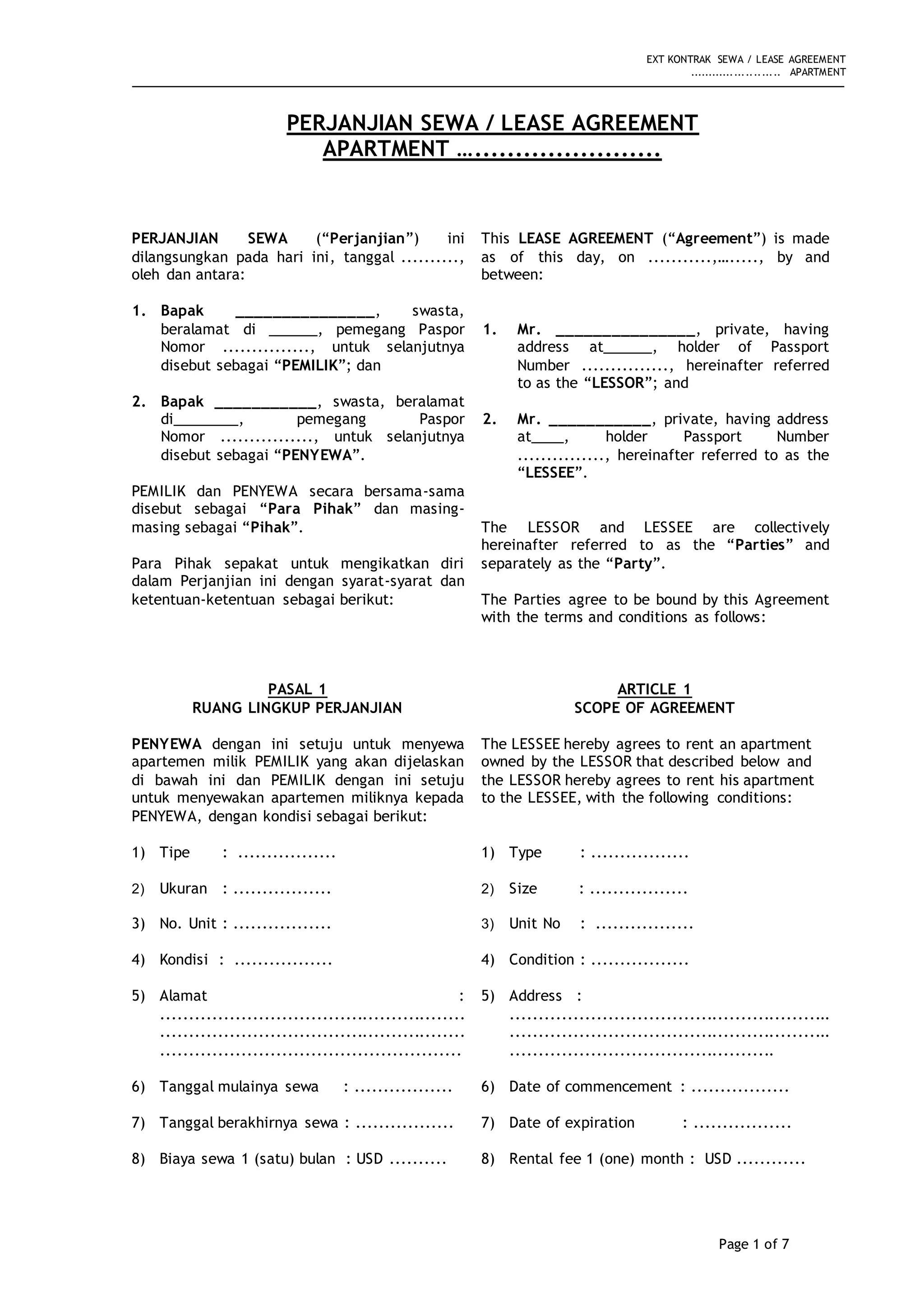 Perjanjian Sewa / Lease Agreement (Beli Perjanjian, Hub: 08118887270 ...