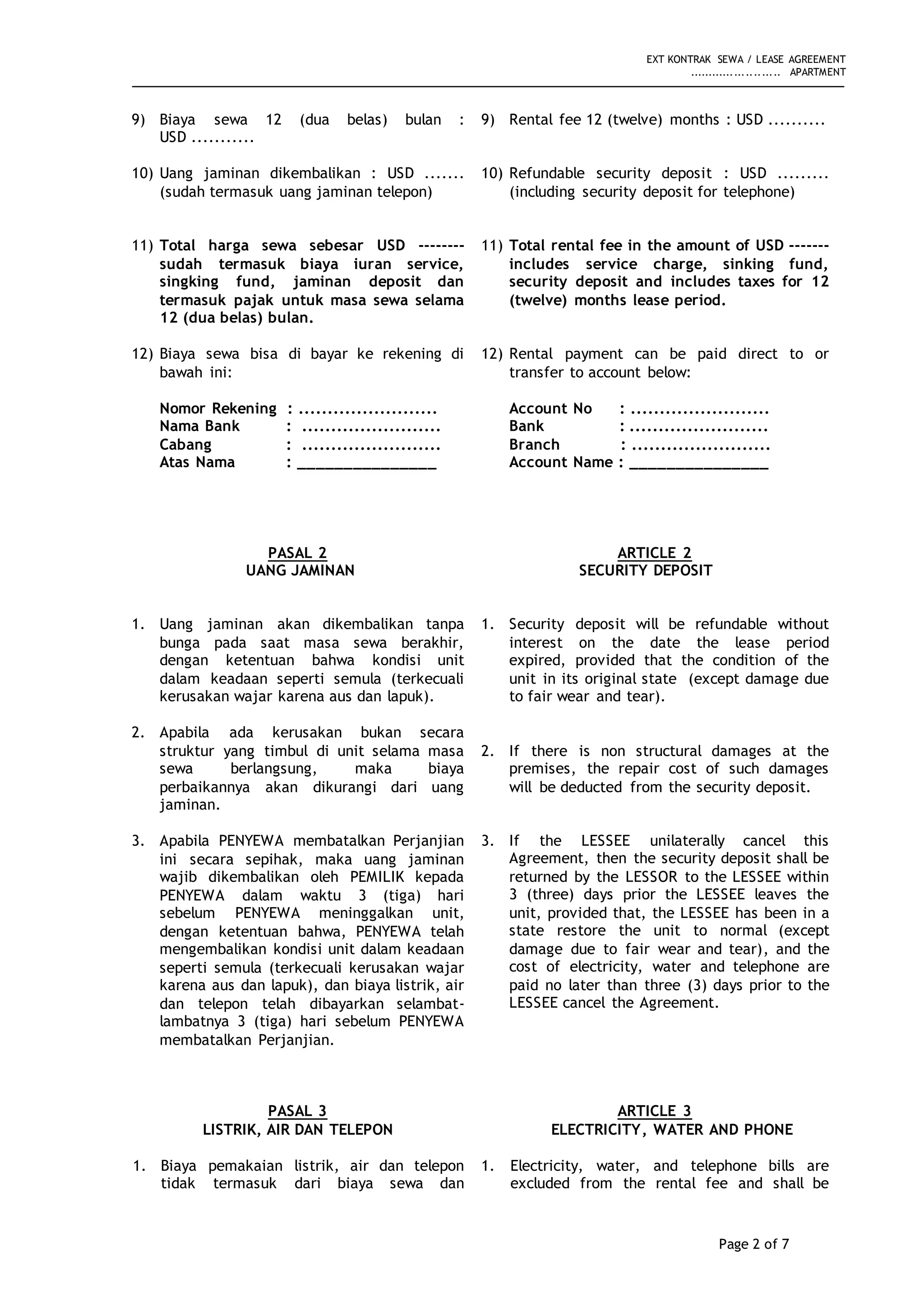 Perjanjian Sewa / Lease Agreement (Beli Perjanjian, Hub: 08118887270 ...