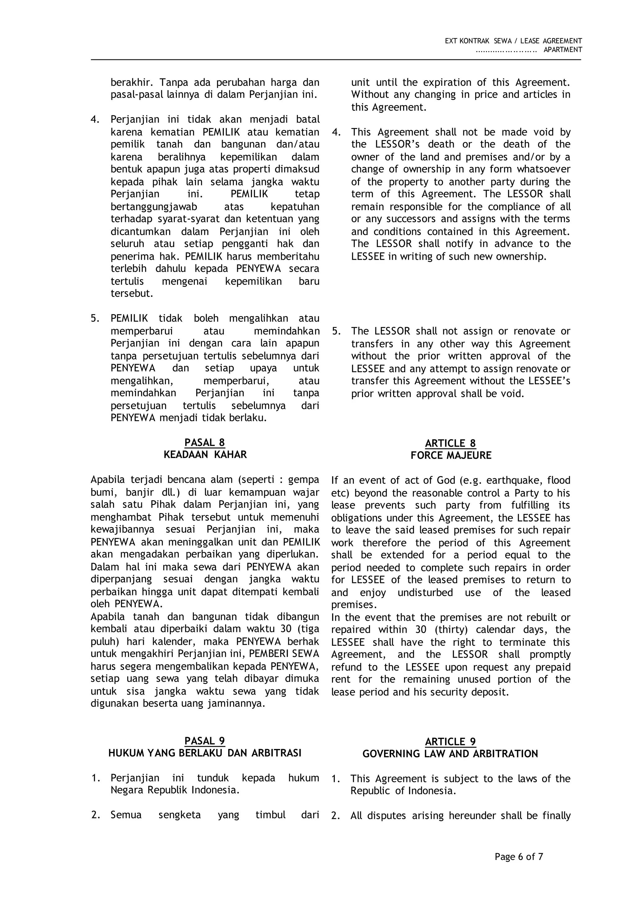 Perjanjian Sewa / Lease Agreement (Beli Perjanjian, Hub: 08118887270 (WA)) | DOCX