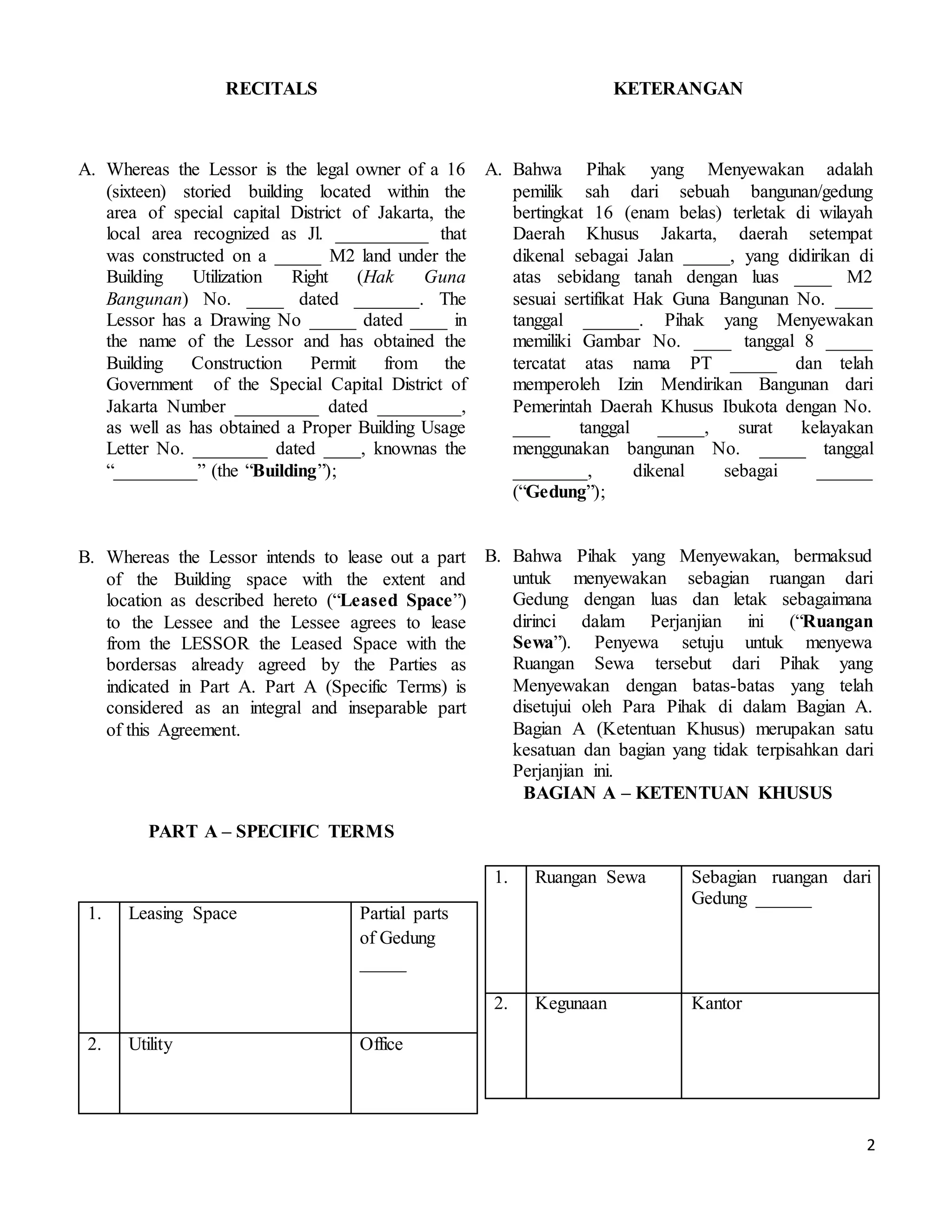 PERJANJIAN SEWA MENYEWA GEDUNG / LEASE AGREEMENT (Beli Perjanjian, Hub ...