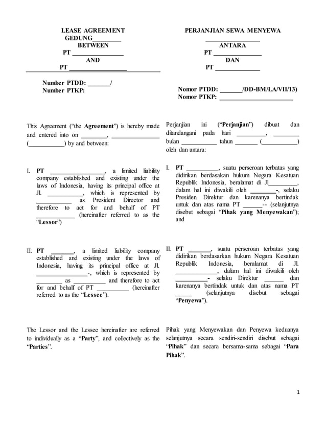 PERJANJIAN SEWA MENYEWA GEDUNG / LEASE AGREEMENT (Beli Perjanjian, Hub ...