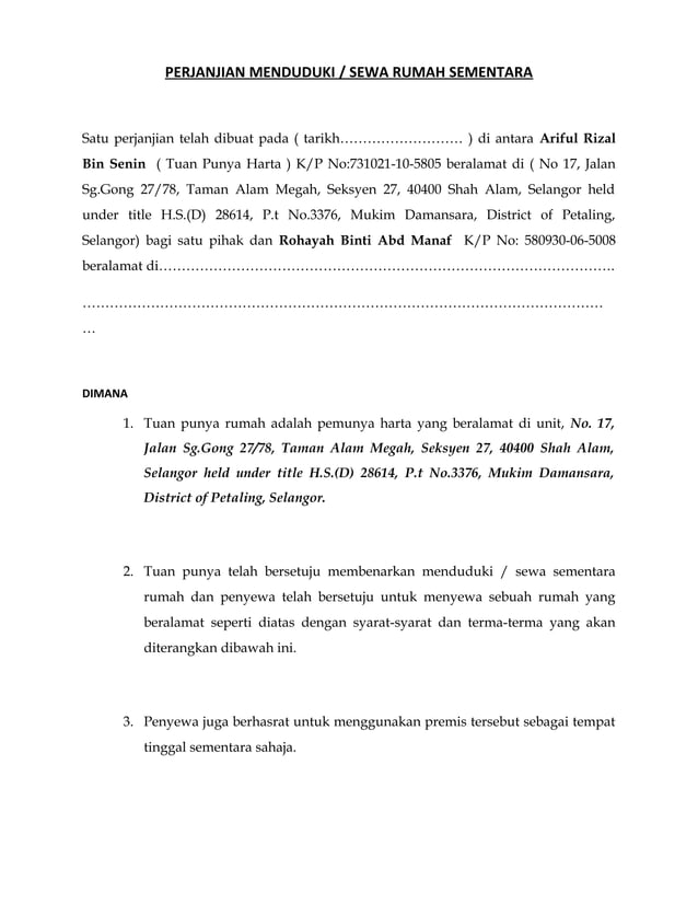 Perjanjian sewa rumah | PDF
