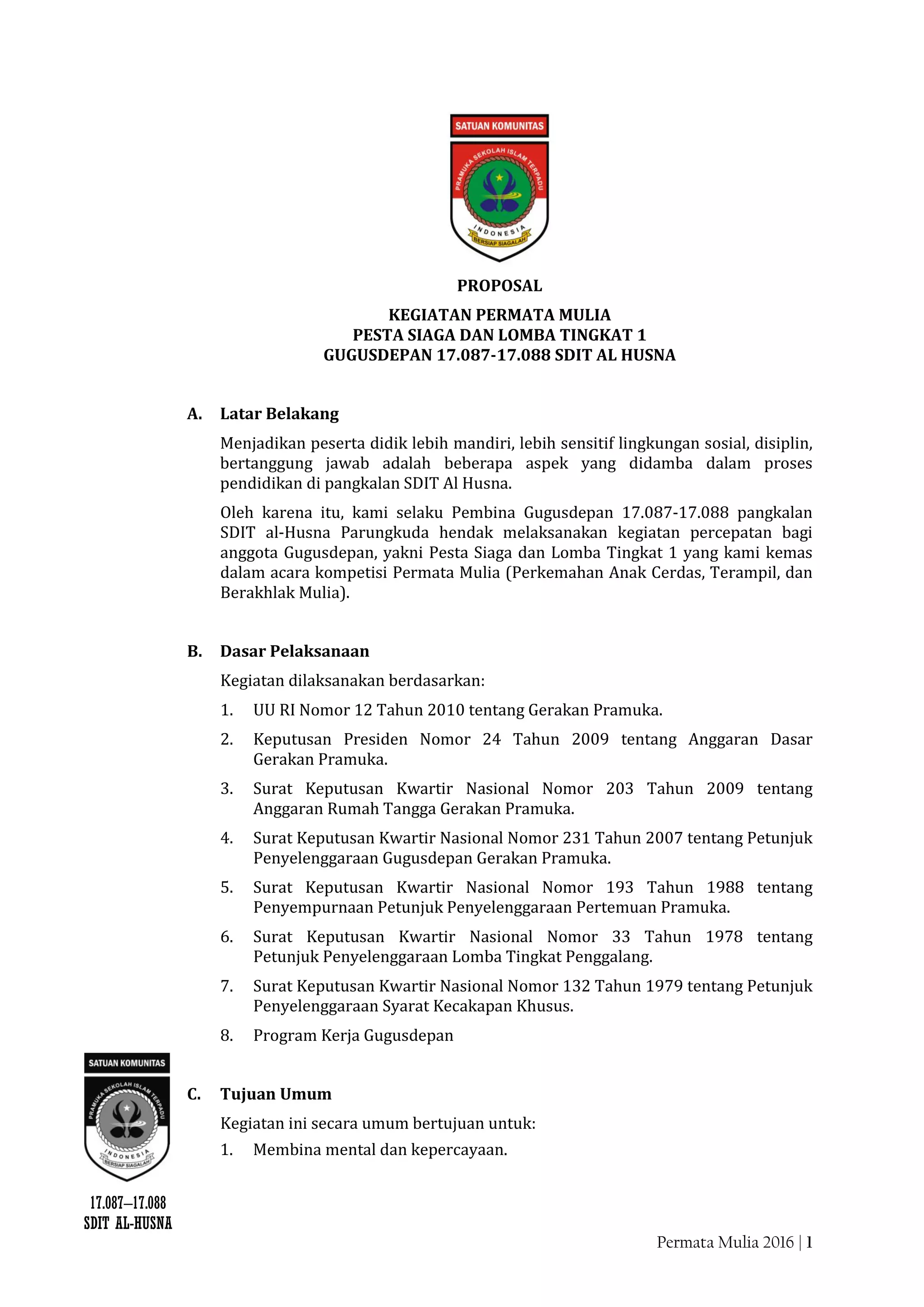 Proposal Permata Mulia 2016; Pesta Siaga dan Lomba Tingkat 1 | PDF