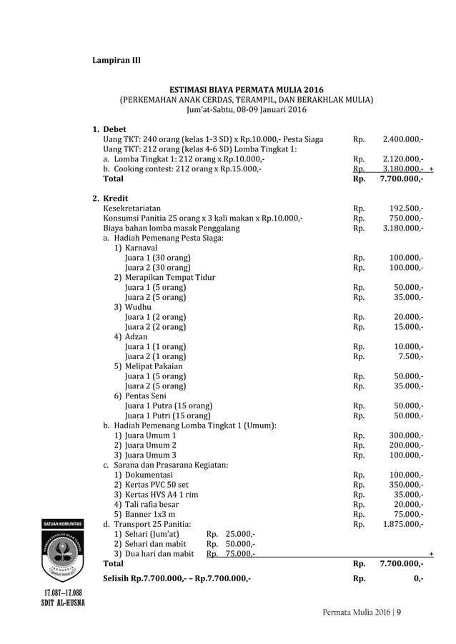 Proposal Permata Mulia 2016; Pesta Siaga dan Lomba Tingkat 1 | PDF
