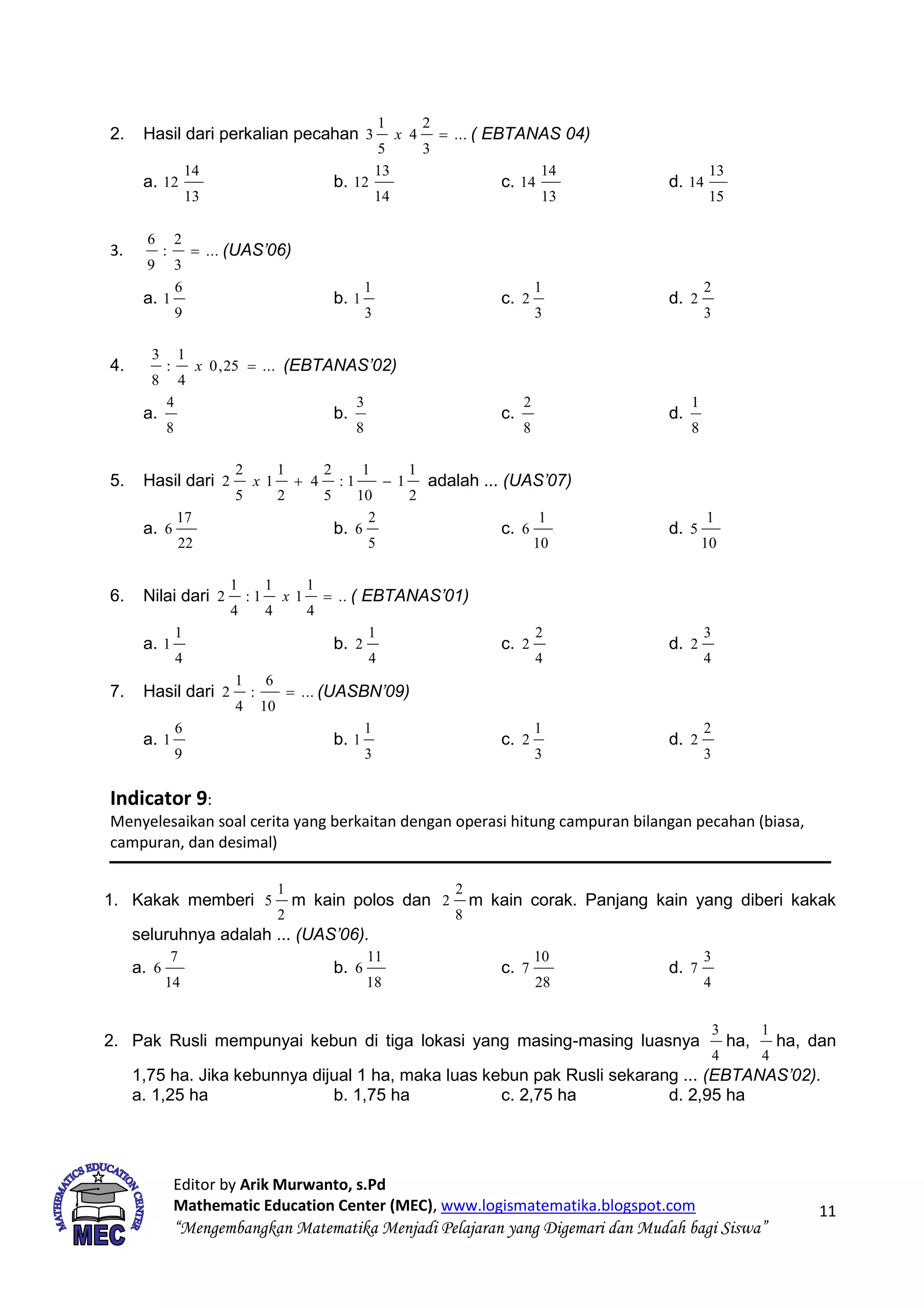 Perkalian, pembagian, soal cerita pecahan (indikator 8 & 9) | PDF