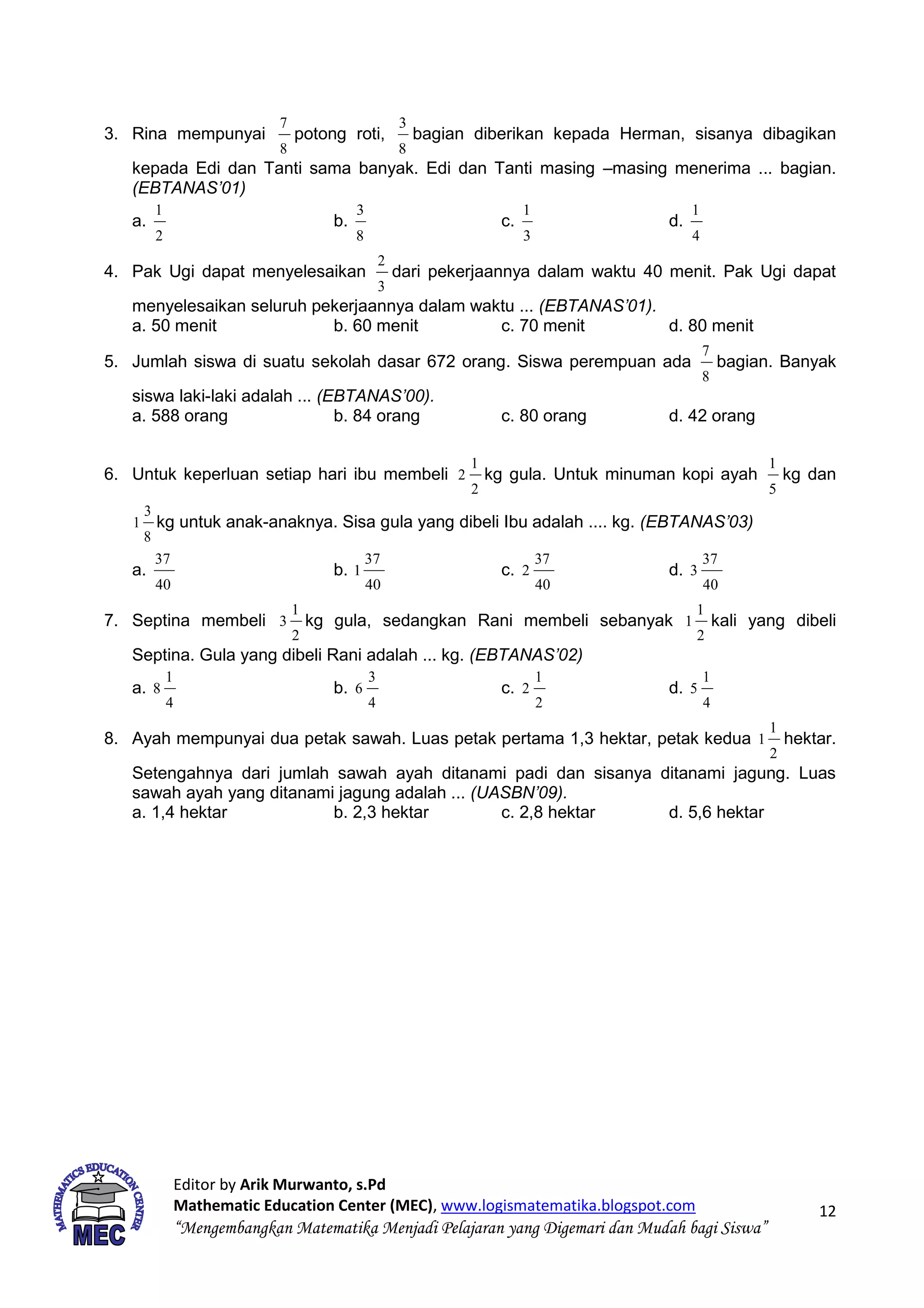 Perkalian, pembagian, soal cerita pecahan (indikator 8 & 9) | PDF