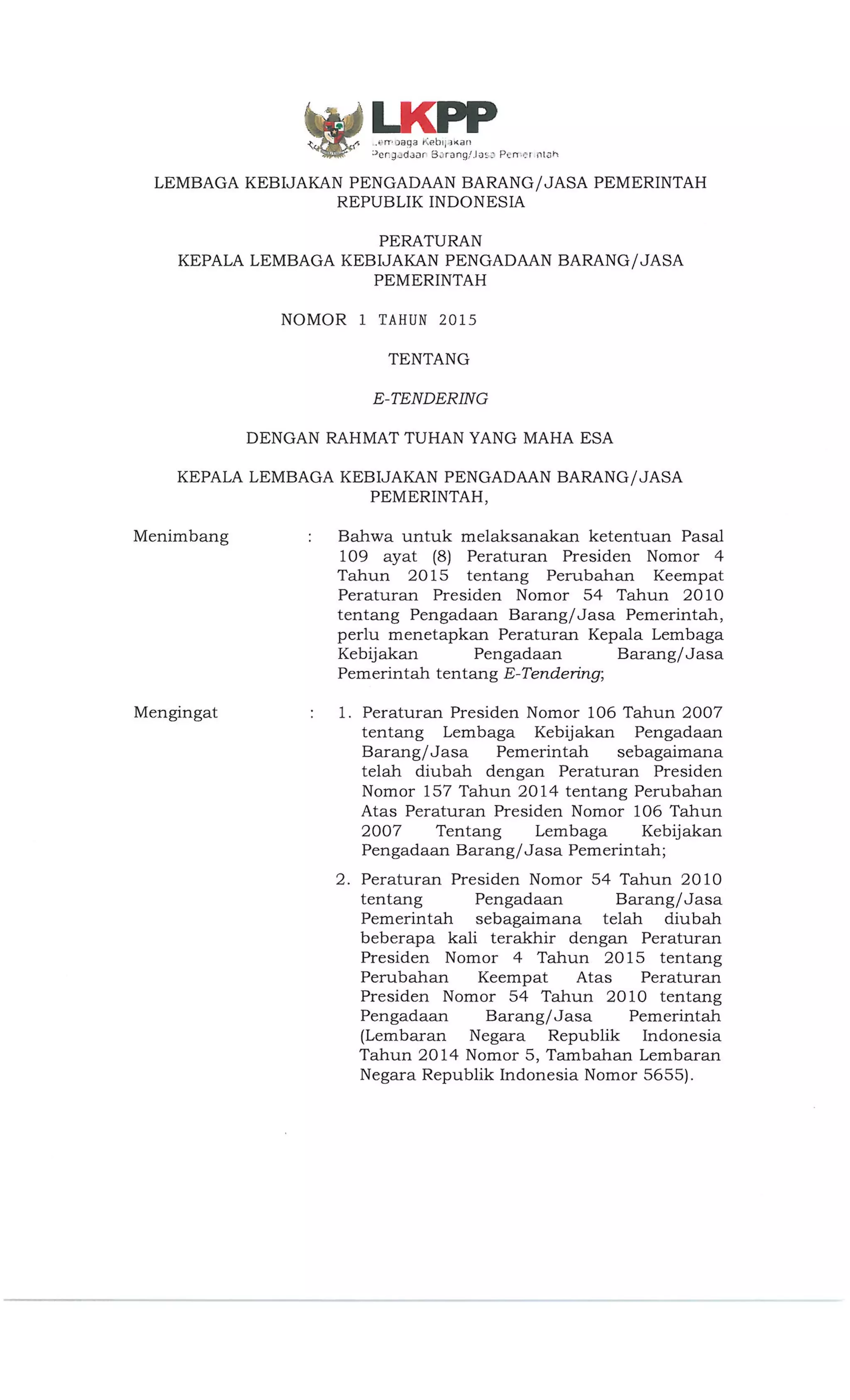 Perka lkpp nomor 1 tahun 2015 tentang e tendering | PDF