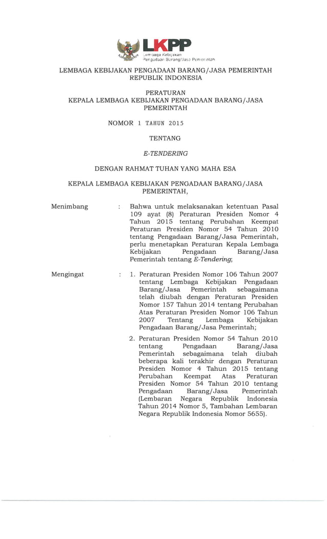Perka lkpp nomor 1 tahun 2015 tentang e tendering | PDF
