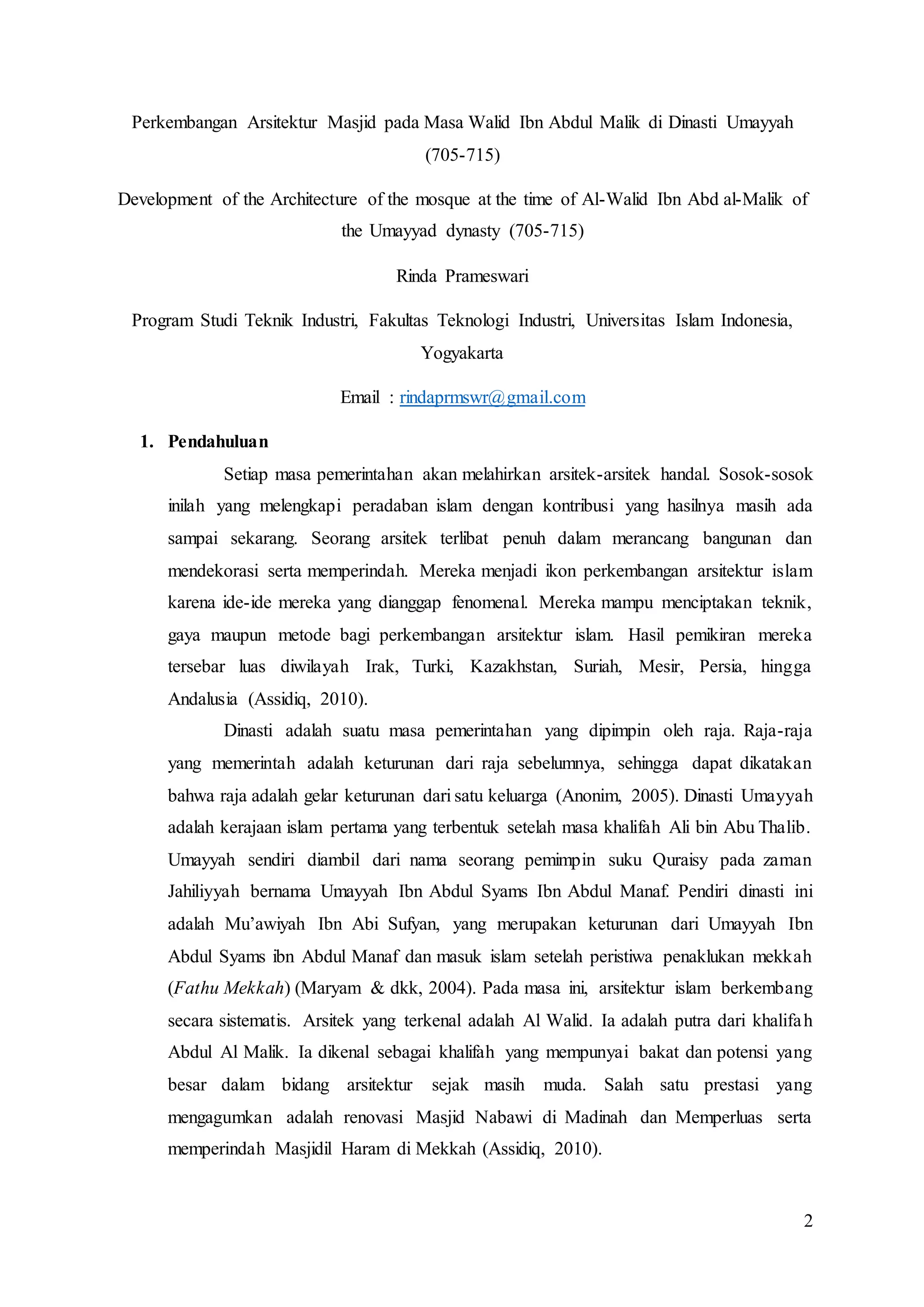 Perkembangan arsitektur masjid pada masa walid ibn abdul malik di ...